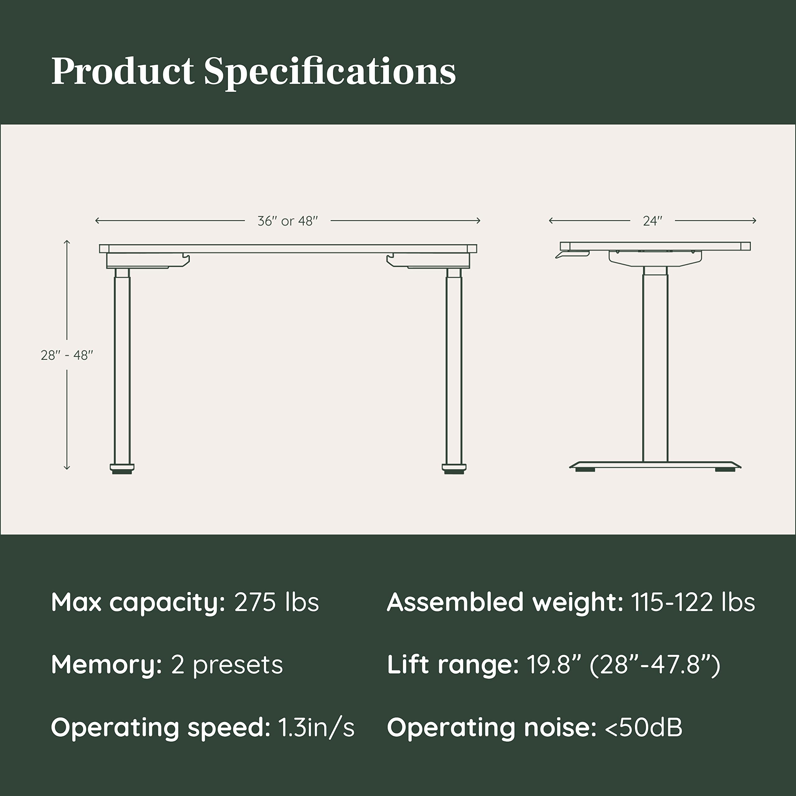 Branch Duo Standing Desk 36 Inches - Adjustable Standing Desk with 20β Range - OLED Control Panel - Frameless Design & Compact Size Suitable for Many Spaces - White Base - Woodgrain Top