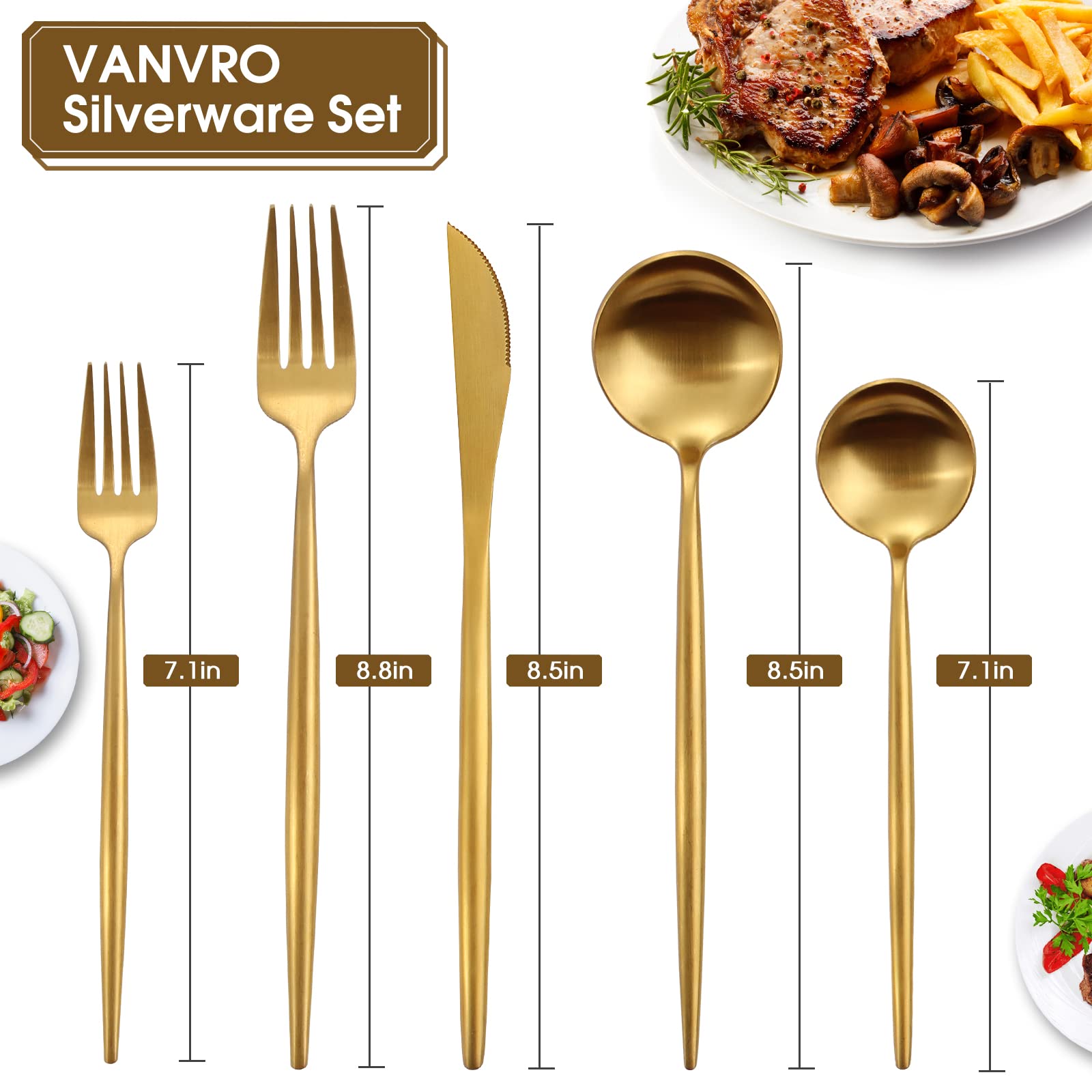 VANVRO Matte Gold Silverware Set, 20-Piece Stainless Steel Flatware Set, Tableware Cutlery Set Service for 4, Satin Finish Utensils Set, Knife Fork Spoon Set for Home and Restaurant, Dishwasher Safe
