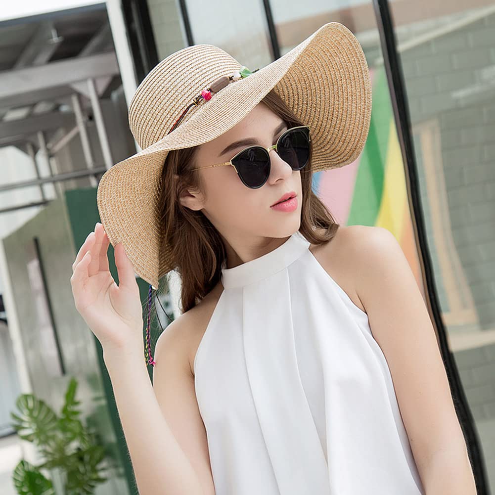 Adrinfly Women Floppy Beach Hat, Wide Brim Straw Sun Hat, Travel Foldable Packable Adjustable Summer Accessories UV UPF 50+ Khaki