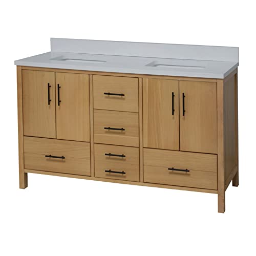 Kitchen Bath Collection California 60-inch Double Bathroom Vanity (Matte White/Blonde): Includes Blonde Cabinet with Matte White Countertop and White Ceramic Sinks