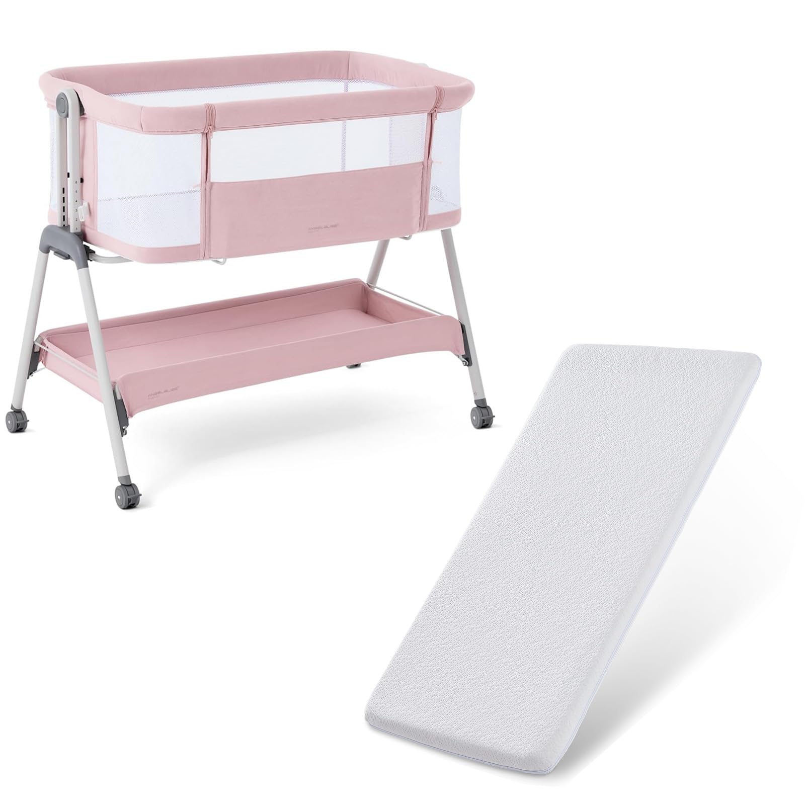 ANGELBLISS Baby Bassinet Bedside Sleeper with Gel Memory Mattress Topper, Easy Folding Portable Bassinet for Baby with Wheels, Mattress with Removable Cover