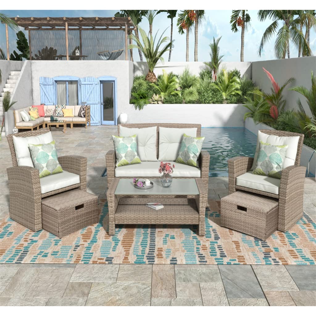 ADSRB Patio Furniture Set, 4 Piece Outdoor Conversation Set All Weather Wicker Sectional Sofa with Ottoman and Cushions