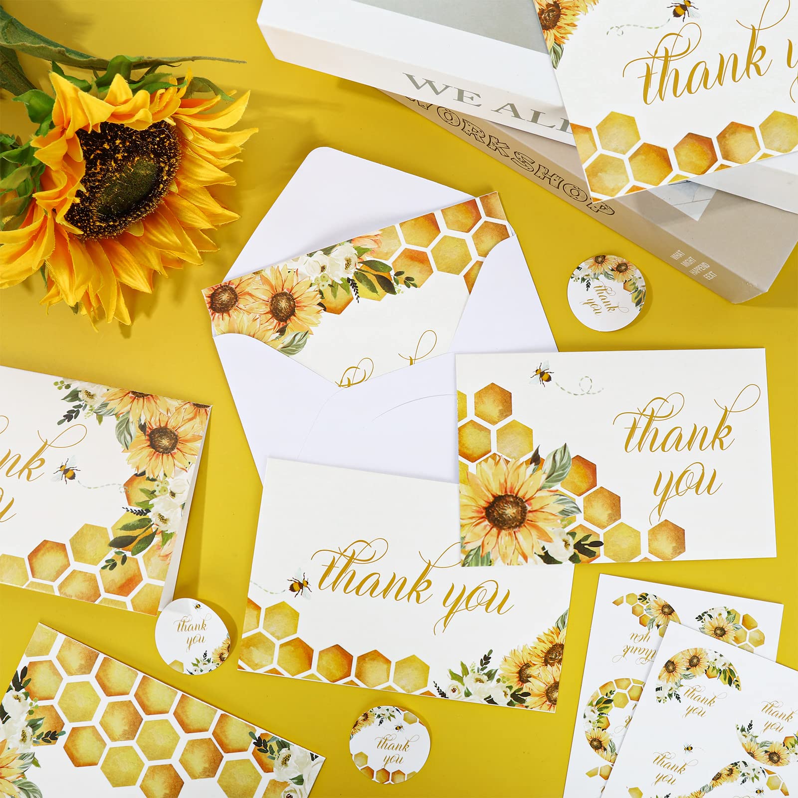 AnyDesign Sunflower Bee Thank You Cards Bulk 30 Pack Thank You Notes with Matching Seal Stickers Envelopes Blank Greeting Note cards for Wedding Baby Shower Bridal Birthday Party Invitation
