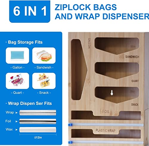 Foil And Plastic Wrap Organizer With Cutter & Ziplock Bag Storage, Baggie Food Holders For Sandwich, Snack Gallon, Quart Bag, Bamboo Aluminum Dispenser Labels, 43*33*7
