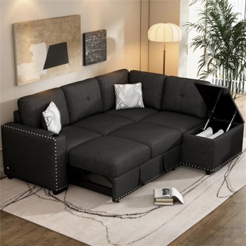 ADUH 83.8" L-Shaped Sofa,Comfy Couch,Reversible Sectional Pull-Out Sofa Bed with Storage Chaise,USB Power Sockets