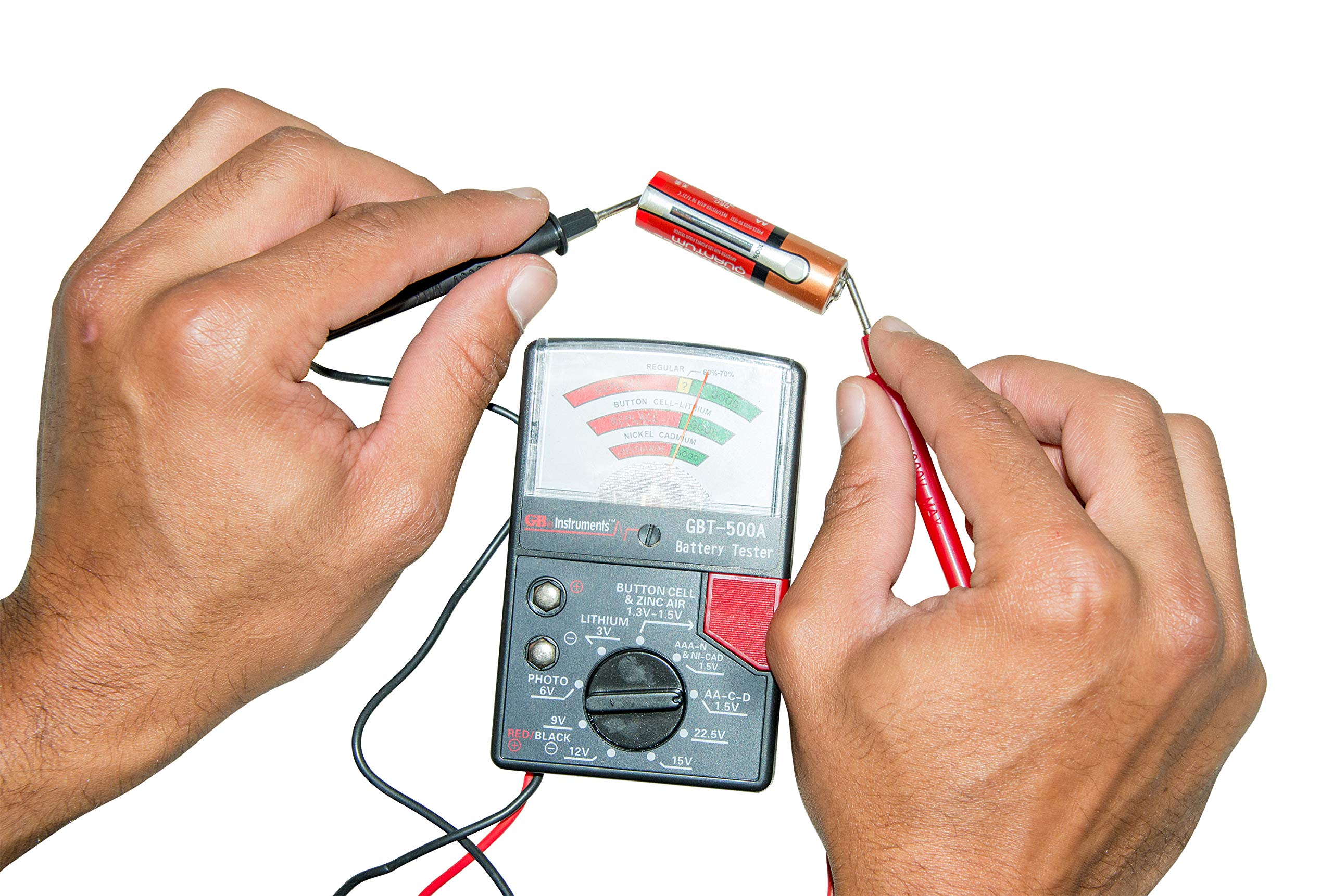Gardner Bender GBT-500A Analog 1.5 V Button Cell/22.5 Photo/AA/AAA/12 V/9 V/Lantern Cells & More, Leads Battery Tester,14 Battery Range, Black