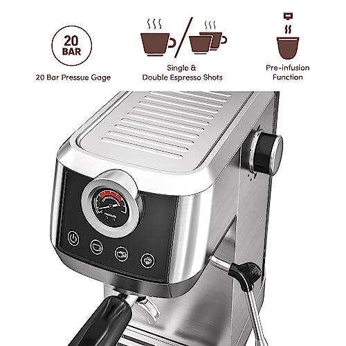 Espresso Machine, Wirsh 20 Bar Espresso Coffee Maker with Plastic Free Portafitler and Steamer for Latte and Cappuccino, Expresso Coffee Machine with Pressure Gauge, Touch Screen, Full Stainless Steel (Home Barista Plus)