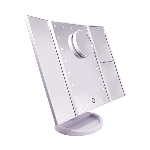KXA Tri-Fold Vanity Mirror, 21 LED Lighted with Touch Screen 1X/2X/3X Magnification and USB Charging Adjustable Brightness and Stand for Makeup