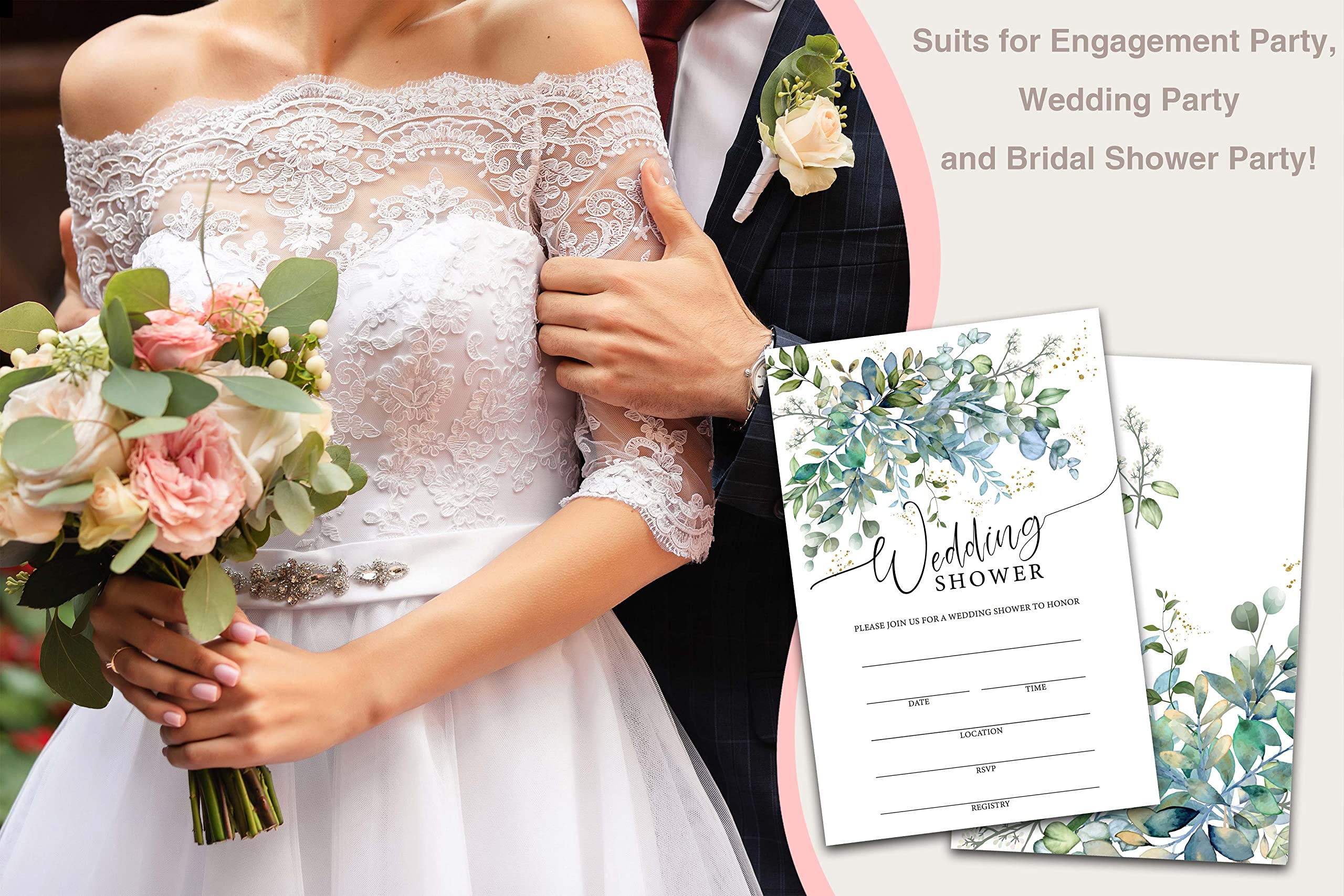 Greenery Wedding Shower Invitations, Floral Bridal Shower Invitations, Bridal Shower Invites for Engagement Party, Wedding, Bridal Shower, Set of 25 Invitations & 25 Envelopes (B02)