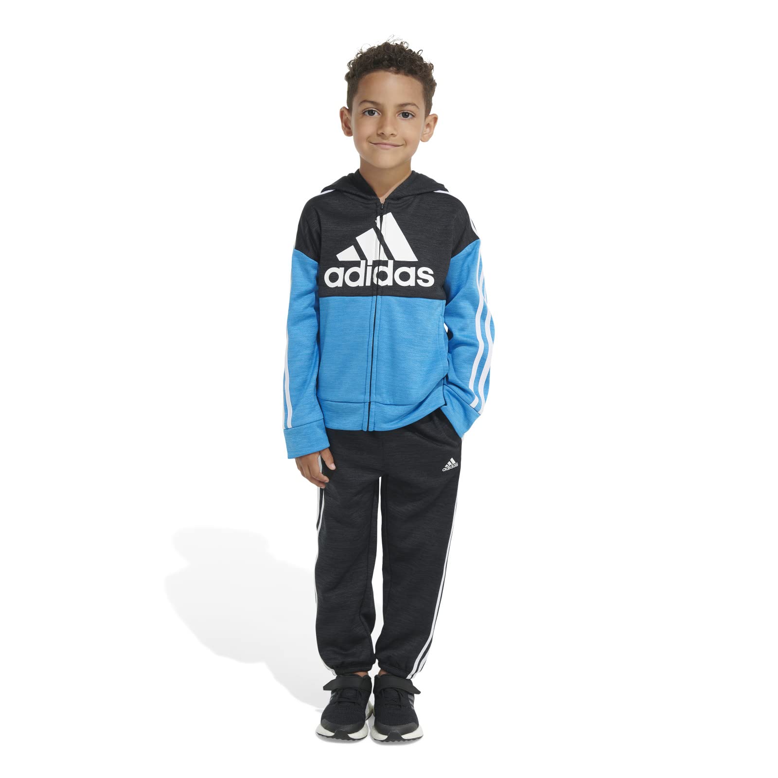 adidas Boys' Long Sleeve Color Block Mélange Fleece Jacket Set, Black Heather with Blue, 7