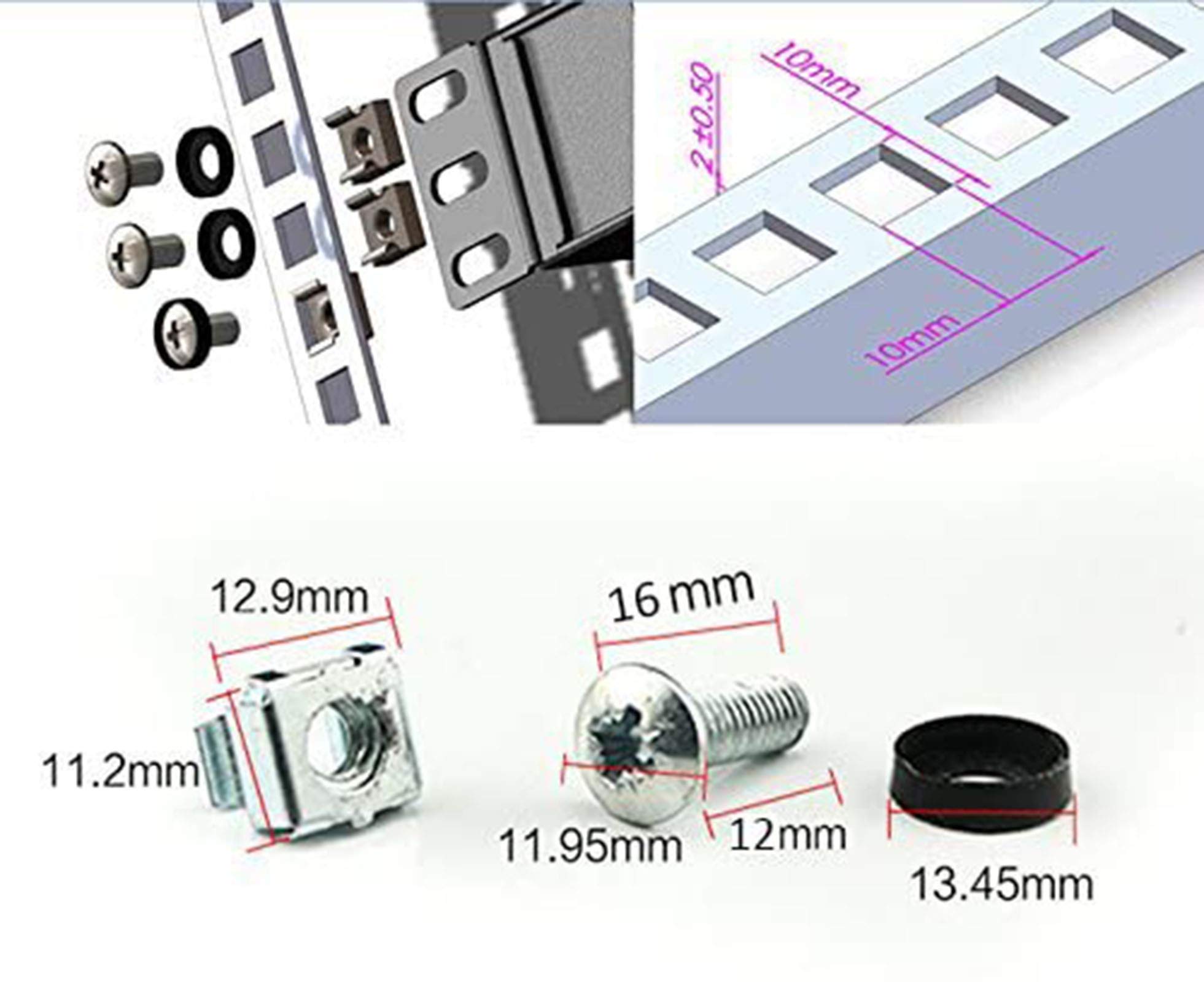 RION TECH M6 Cage Nuts & Screws for Server Shelves Cabinets, Lengthened 16mm- Rack Mount Screws (50 Pk)
