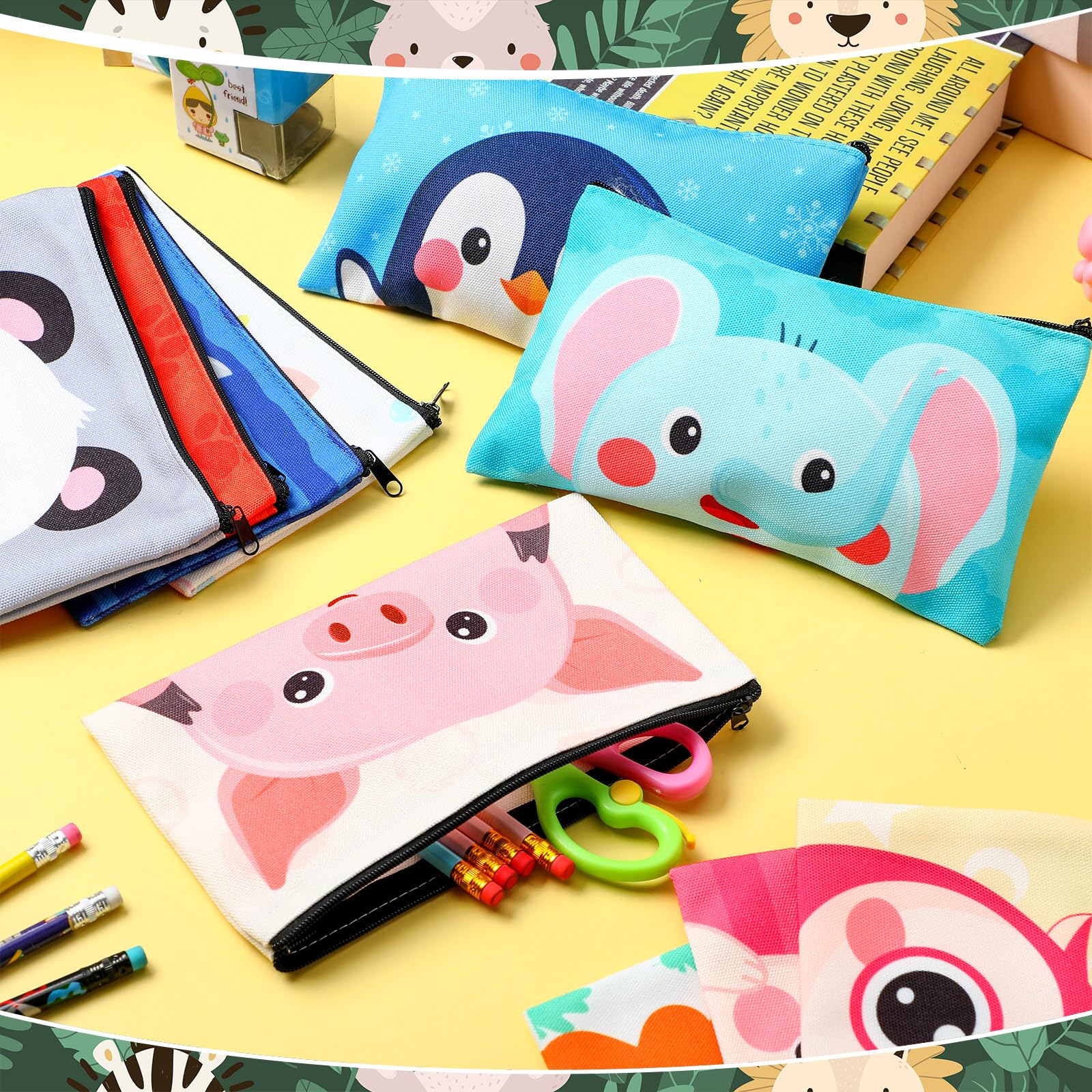 Affrolling 36 Pcs Cartoon Animal Pencil Case Bulk Cute Cartoon Pencil Pouch Multicolor Canvas Pen Bag Organizer with Zipper Stationery Back to School Supplies(Lovely)