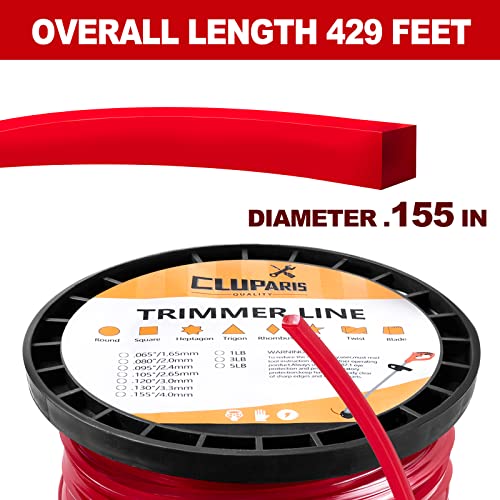 Cluparis 5-Pound Heavy Duty Square Trimmer Line .155-inch-by-492-ft Commercial String Trimmer Line in Spool, 0.155" Nylon Weed Eater String with Bonus Line Cutter( Red)