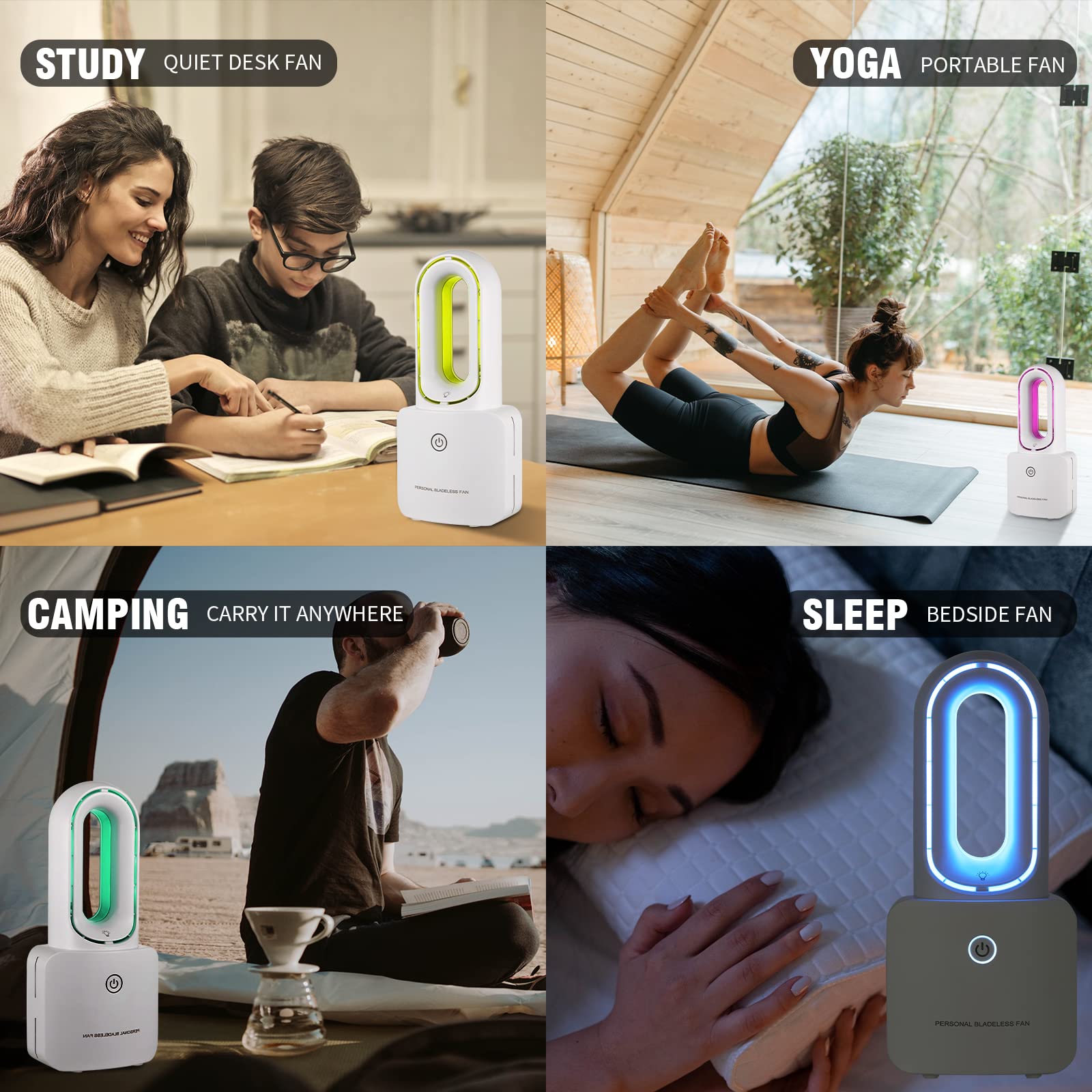 Bladeless Desk Fan Rechargeable, Small Bladeless Personal Fan Quiet Mini Table Fan, 12''Small Fan for Bedroom and Office, USB or 4000mAh Battery Operated, with Touch Control 6-Colors LED Light