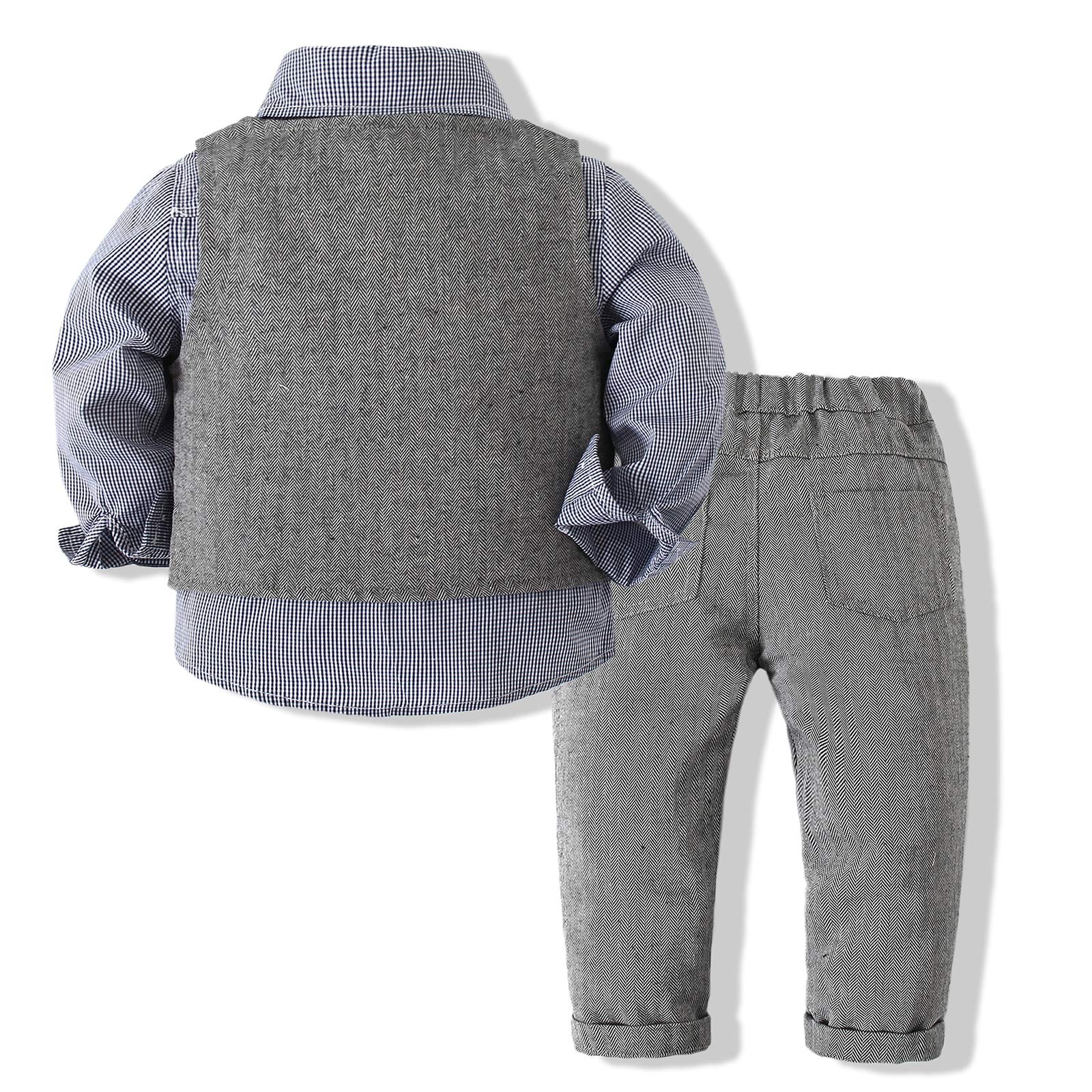 Xiangwu Textitle Baby Boy Gentleman Set with Dress Shirt+Bow Tie+Vest and Pants 3PC Set, Gray Plaid, 18-24 Months
