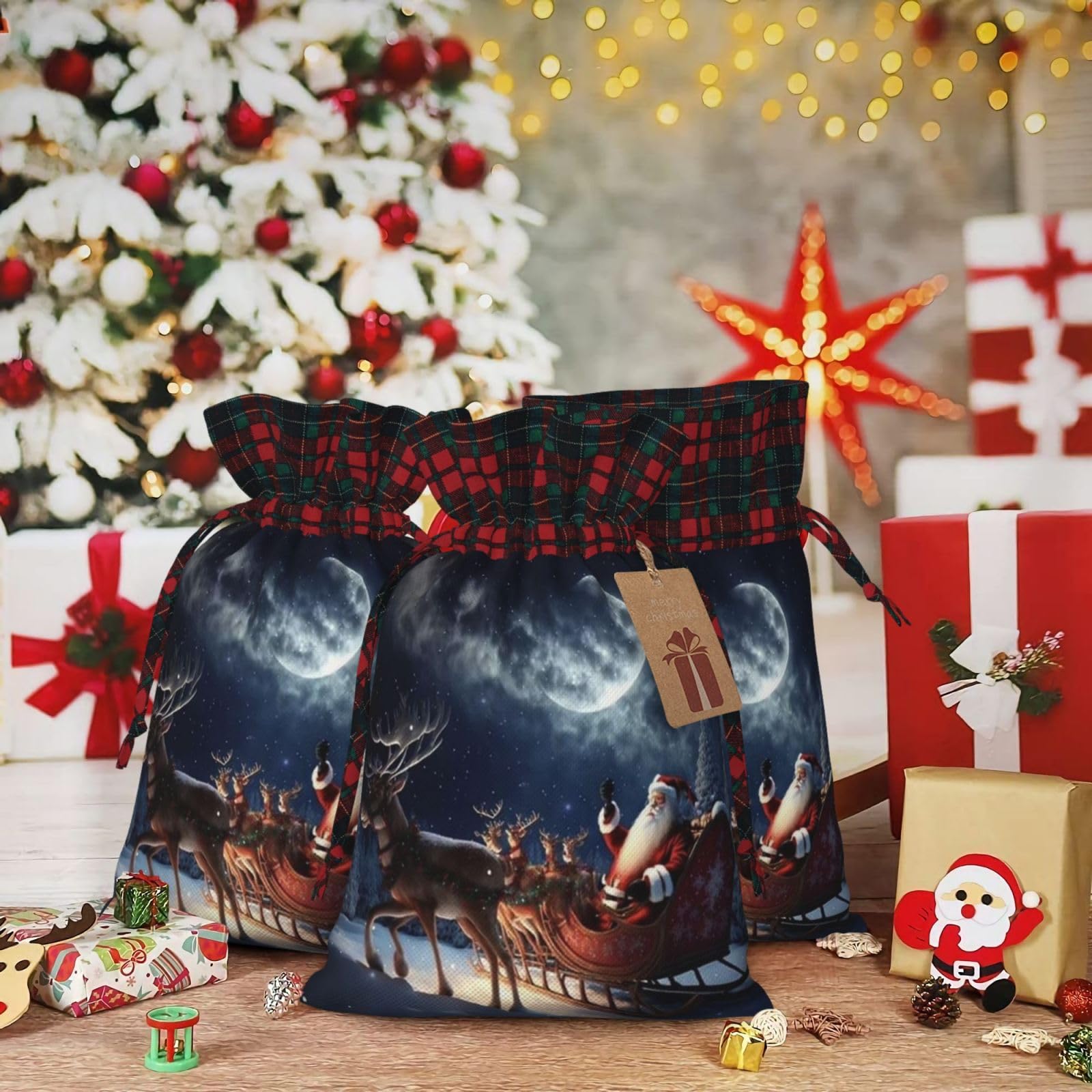 ADSUYETOR Christmas Drawstring Gift Bags, Cartoon Santa Claus With Drawstring Burlap Gift Bags For Holiday Parties