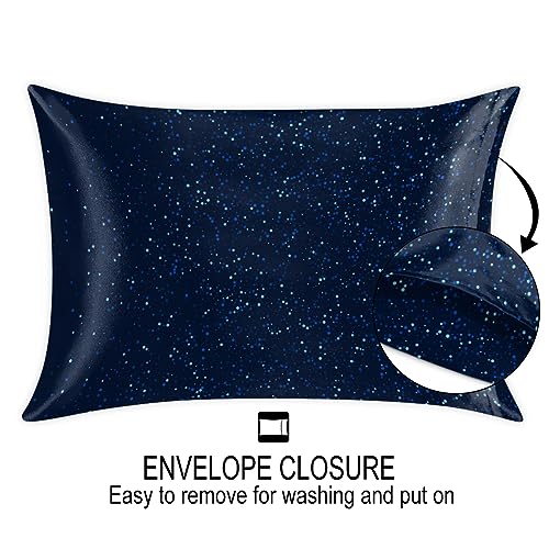 Blue Starry Satin Pillow Cases Silk Satin Pillowcase for Hair and Skin Standard Set of 2 Super Soft Silk Pillowcase with Envelope Closure (20x26 in)