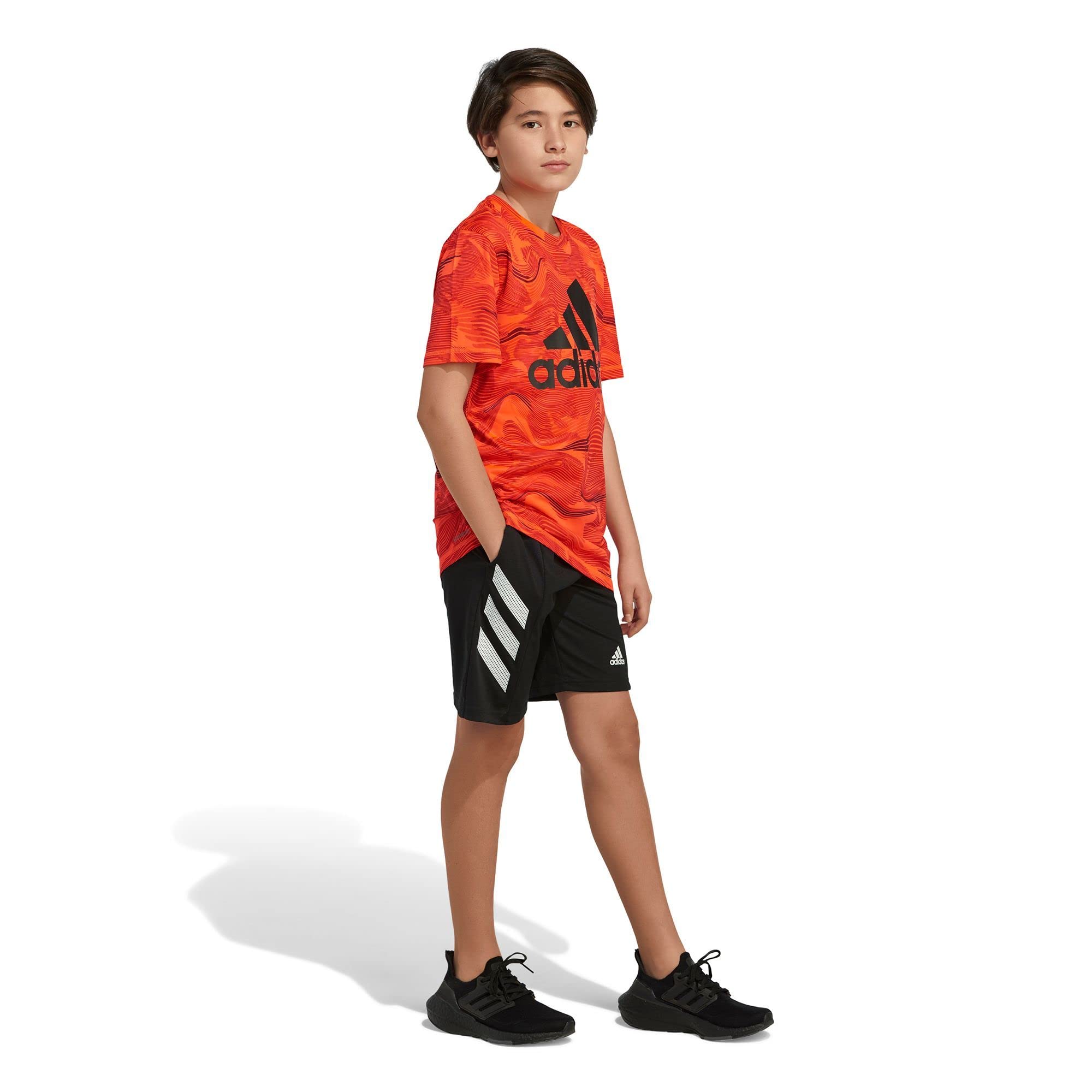 adidas Boys' Short Sleeve Warped Camo Allover Print Tee (Large, Solar Red)