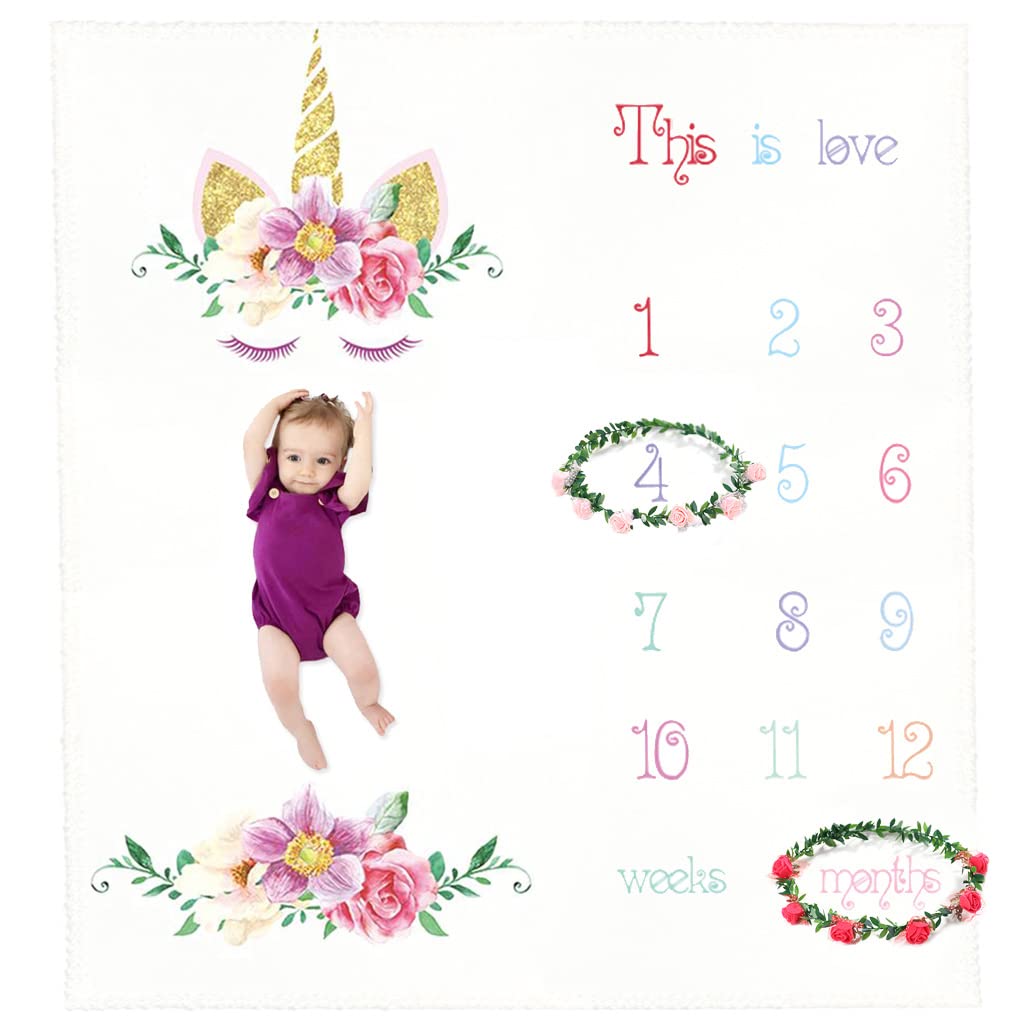 Kicpot Baby Milestone Blanket, Unicorn Baby Blanket with Two Garlands Weekly Or Monthly Newborn Photography Props Reuseable Soft and Warm Baby Tapestry Perfect Baby Shower Birthday 39.4x39.4 inch