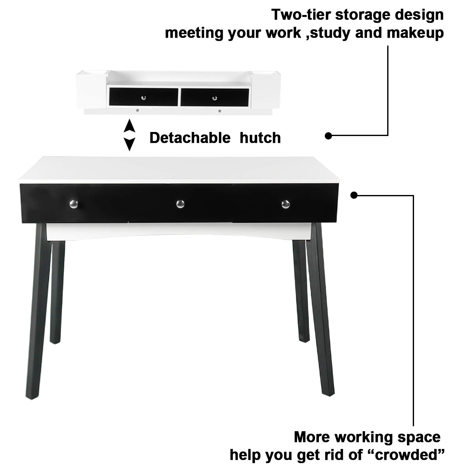 AILEEKISS Computer Desk with 5 Drawers Home Office Writing Desk for Bedroom Student Study Laptop Workstation Modern Simple Makeup Vanity Table for Small Space (Black and White)