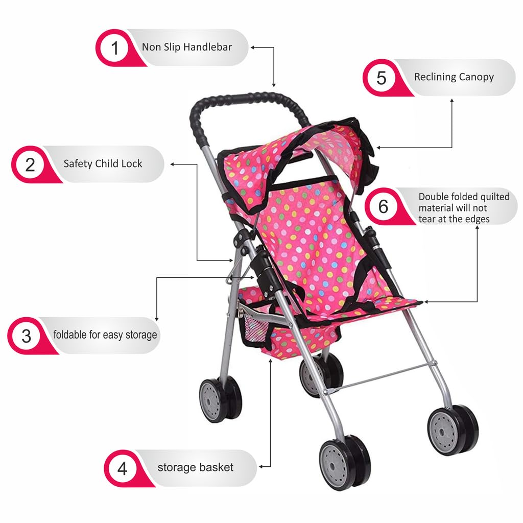fash n kolor - My First Baby Doll Stroller - Pink Polka Dot Doll Stroller with Basket- Soft Grib Handle. Foldable with Hood Toy Doll Pram Baby Doll Accessories. With 2 Free Bonus Doll Bottles Included