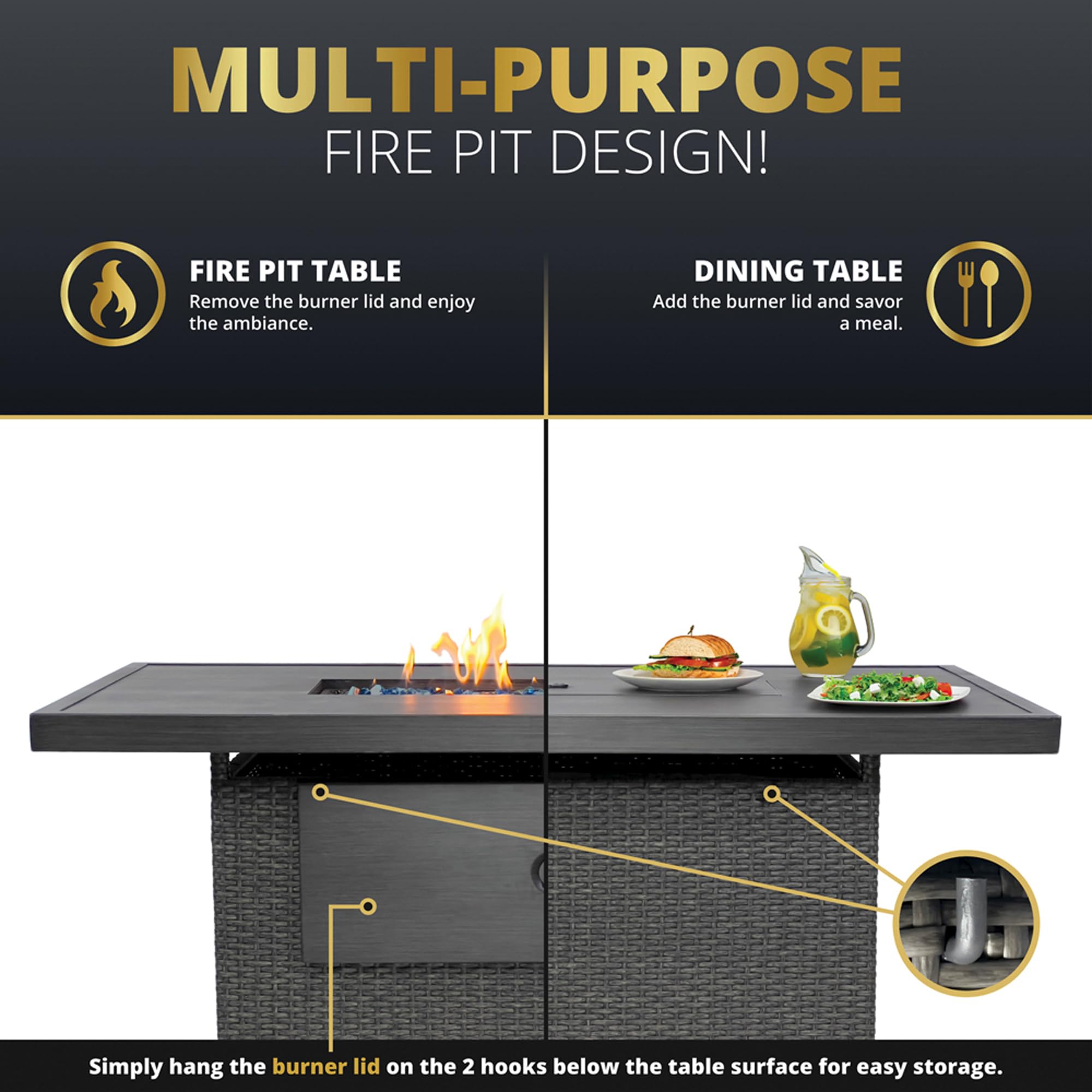Kinger Home Novi 5-Piece Outdoor Patio Furniture Set with 52-Inch Propane Fire Pit Table - CSA Certified, 50,000 BTU, Swivel Chairs, Aluminum Frame, Includes Fire Glass & Wind Guard
