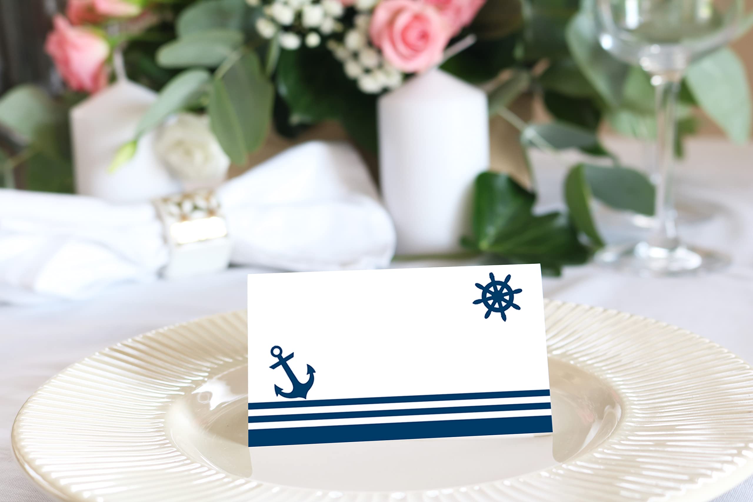 Nautical Place Cards - 25 Pack - Nautical Food Cards. Blue Anchor and Captain’s Wheel over Stripes Design, for Dinner Parties, Banquets, Cocktail Parties, Buffet. 2” x 3.5”. Scored for Folding.