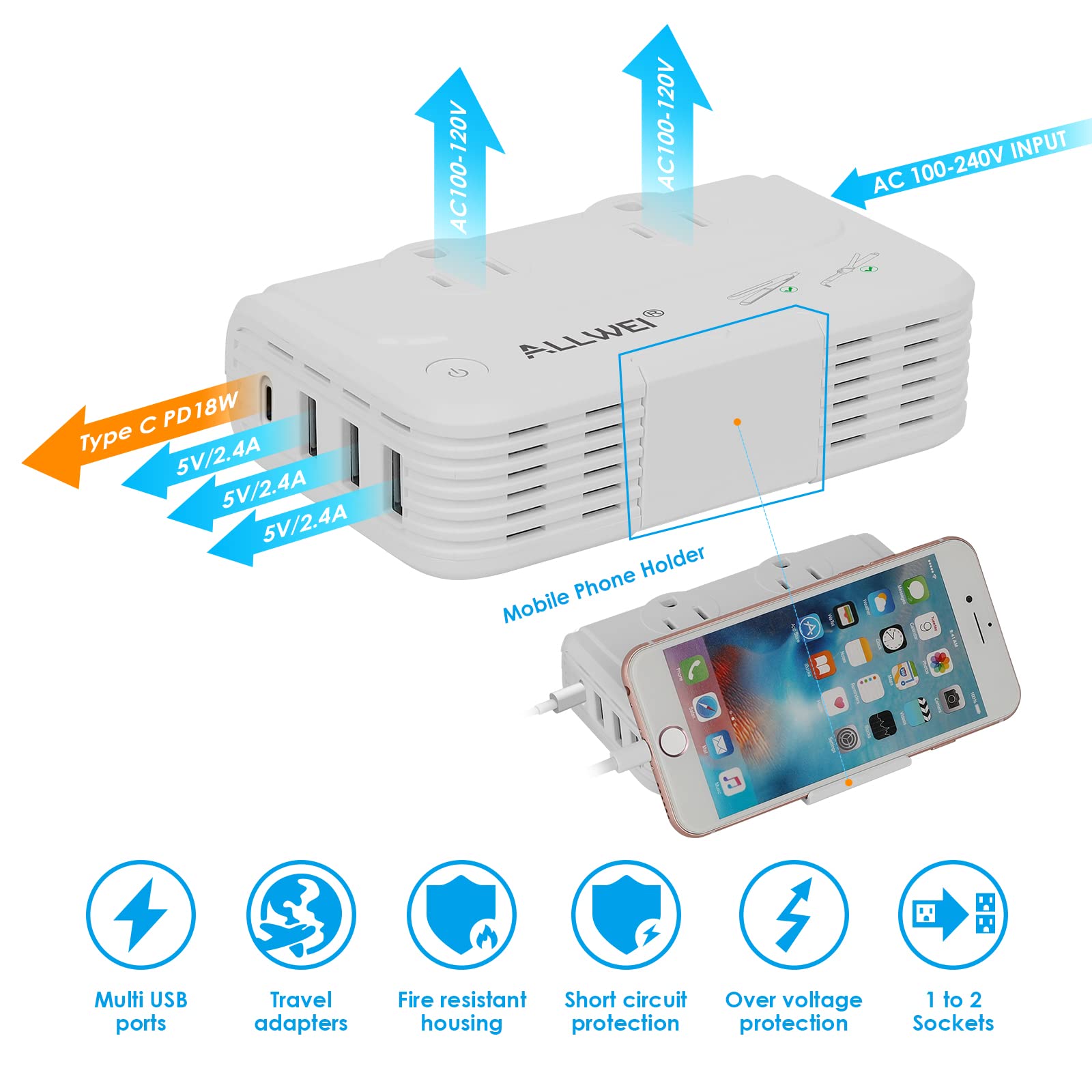 ALLWEI International Travel Adapter 220V to 110V Power Voltage Converter for Hair Straightener/Curling Iron, Universal Power Plug Adapter UK, US, AU, EU, IT, India (White)