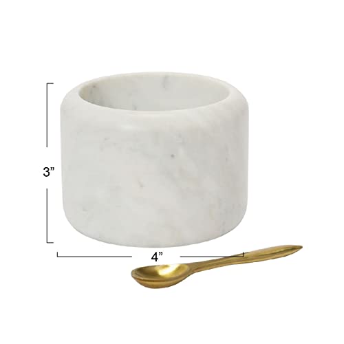Creative Co-Op Marble Pinch Pot with Brass Spoon, Set of 2 Serveware, 4"L x 4"W x 3"H, White
