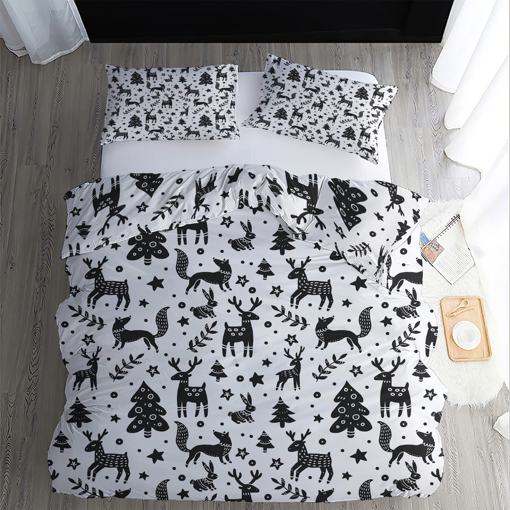 QEODAH Christmas Duvet Cover Queen Size Bedding Set 3 PCS, Black and White - Xmas Animal Pattern Design Comforter Cover & 2 Pillowcases, New Year 2023 Decorations, Soft & Warm Bedroom Bed Set