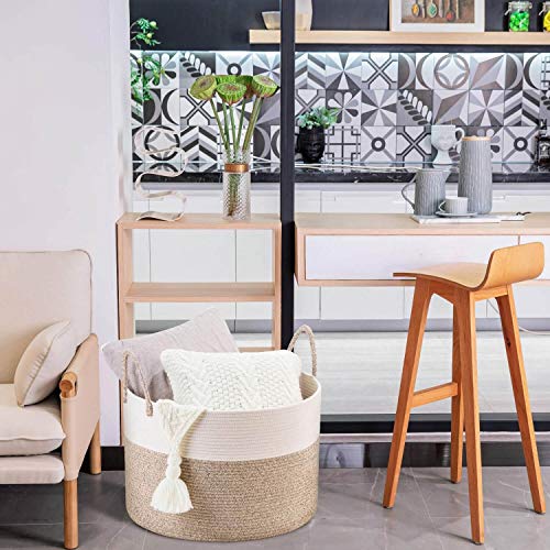 MINTWOOD Design Extra Large 22 x 14 Inches Cotton Rope Blanket Basket Living Room, Woven Laundry Basket, Toy Storage Baskets Bin, Decorative Round Pillow Towel Basket with Handles