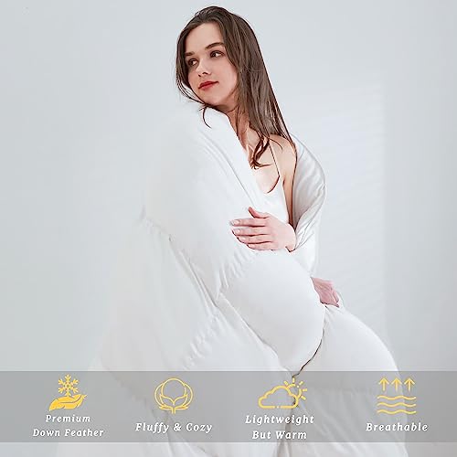 ELNIDO QUEEN Feather Down Comforter Queen Size - White Down Duvet Insert - Luxurious Fluffy Hotel Style Bedding Comforter - 100% Cotton Cover All Season Medium Warmth - Queen Size (90x90 Inch)