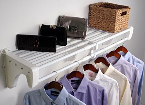 EZ Shelf-Expandable-Closet Shelf with Hanging Rod- 42.5β to 75β -White-Easy Install to Backwall(Floating)-Wire Closet Shelving Alternative-(EZS-SCRW72-1-2)