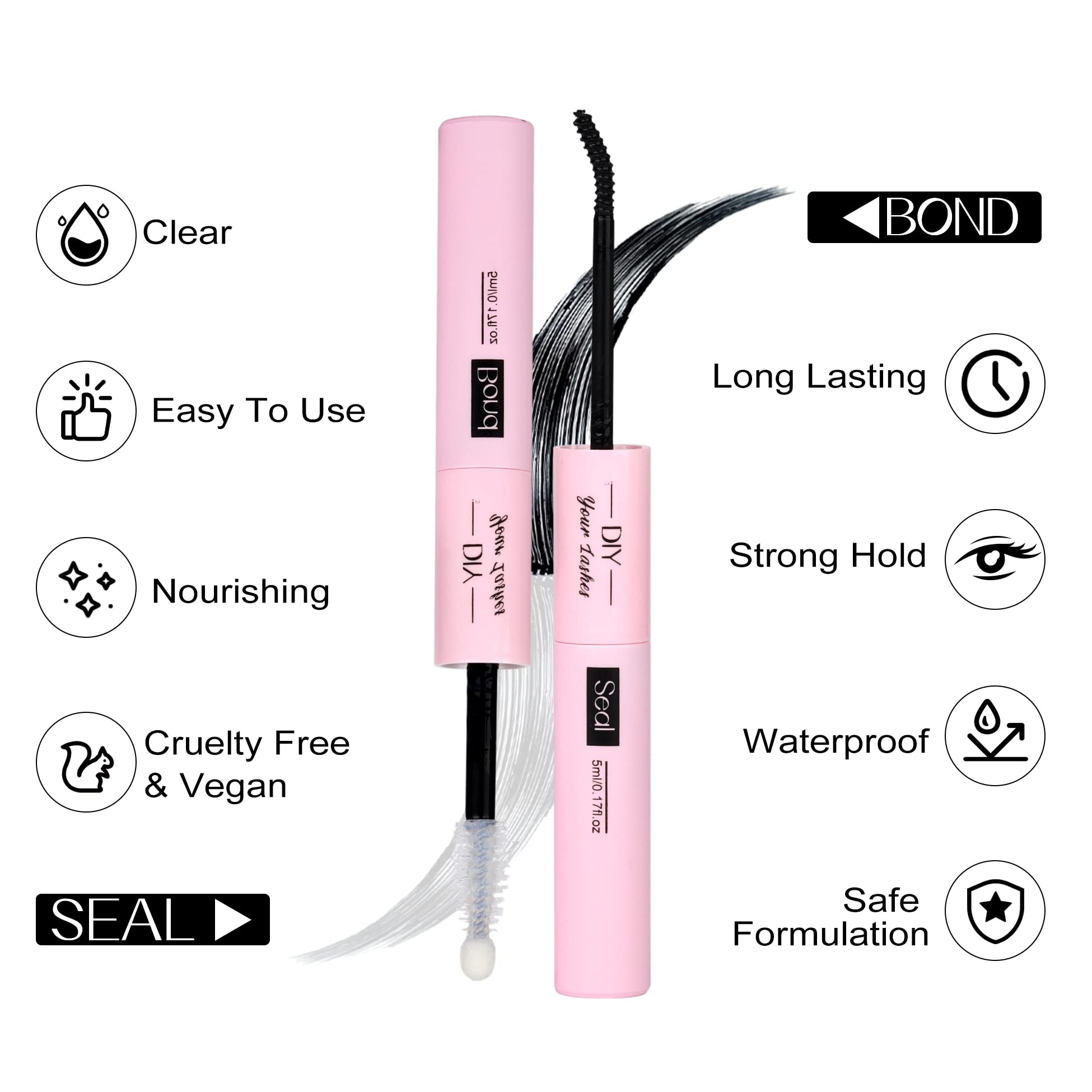 ALICE Lash Bond and Seal, Cluster Lashes Glue for DIY Eyelash Extensions, Individual Lash Glue Super Strong Hold Latex Free Waterproof Adhesive Eyelash Extension Glue (5ml×2)