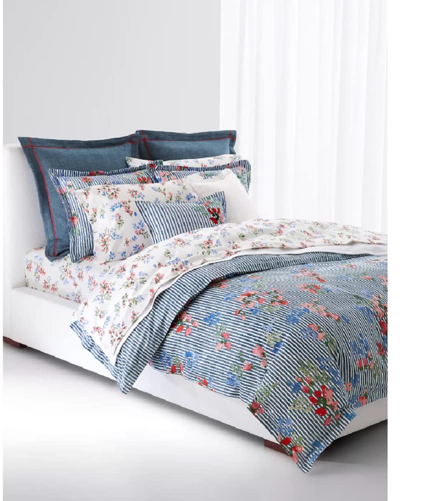 Lauren Ralph Lauren Maggie Floral Stripe Full Queen 3 pc Duvet Cover Set Shams Blue Pink White (Queen (U.S. Standard))