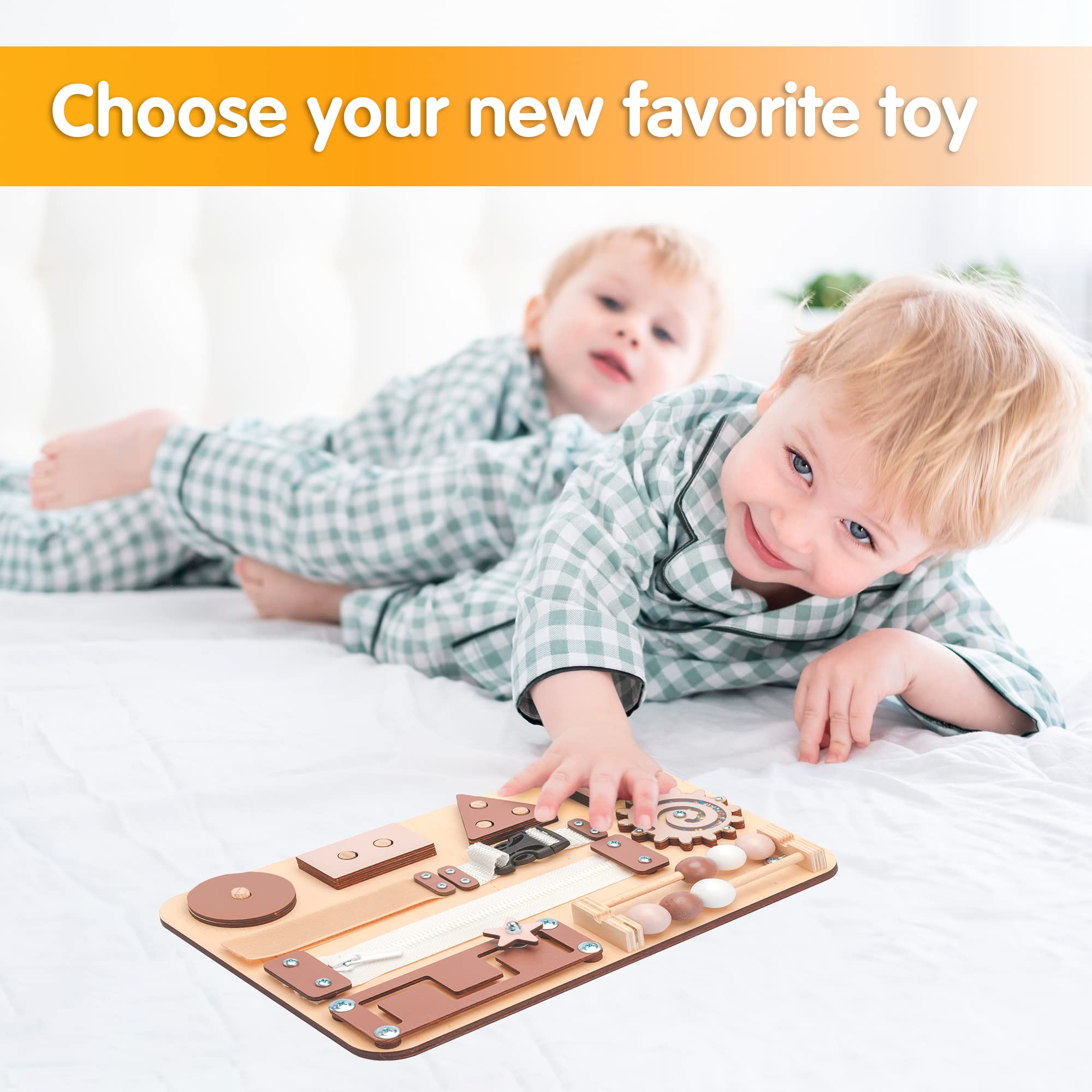 EvoKids Wooden Sorting Stacking Toy Busy Board for Toddlers 3 โ Zipper, Buckle in Handmade Activity Board โ Plane Car Travel Sensory Montessori Developmental Educational Toys for Boy Girl