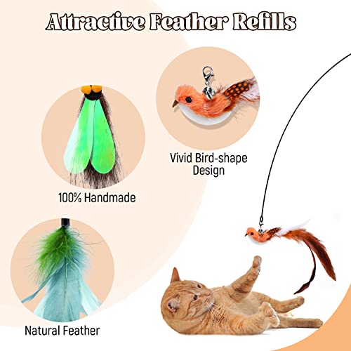 Cat Feather Toys, Interactive Cat Wand Toys with Super Suction Cup, Detachable 6 PCS Feather Refills Tail Bird Feathers with Bell, Cat Teaser Wand for Indoor Cats Kitten Play Chase Exercise (Set 1)