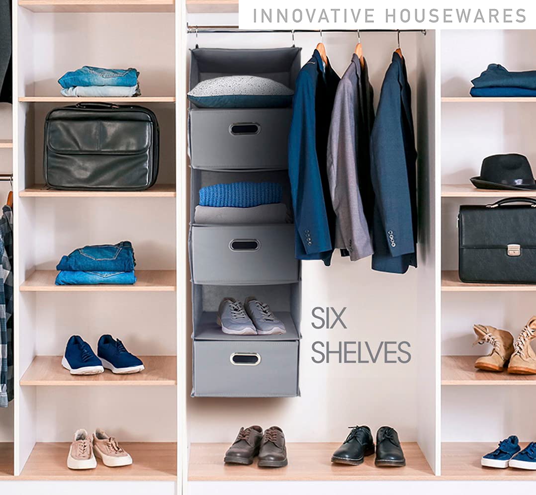 Closet Organizer Hanging Shelves, 6 Shelf Closet Storage with 5 Storage Drawers & Purpose Made Pockets, Jewelry Shoe Organizer Drawer Organizers, Perfect for Organization and Storage (Dark Grey)