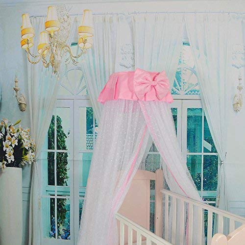 RuiHome Dome Style Hanging Princess Girls Mosquito Net Nursery Crib Bed Canopy Pink Bowknot Decor, Without Bracket Stand