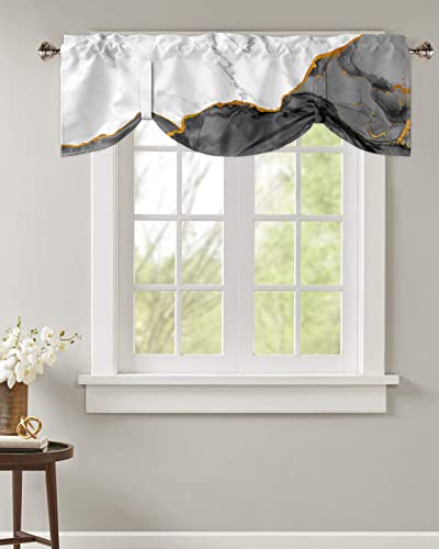 Funnywall88 Tie Up Curtain Valance for Living Room,Wild Marble Pattern Gold Black Grey White Ombre Valance for Kitchen Window Valance Adjustable Tie-up Valance 18 Inch Rod Pocket 1 Panel