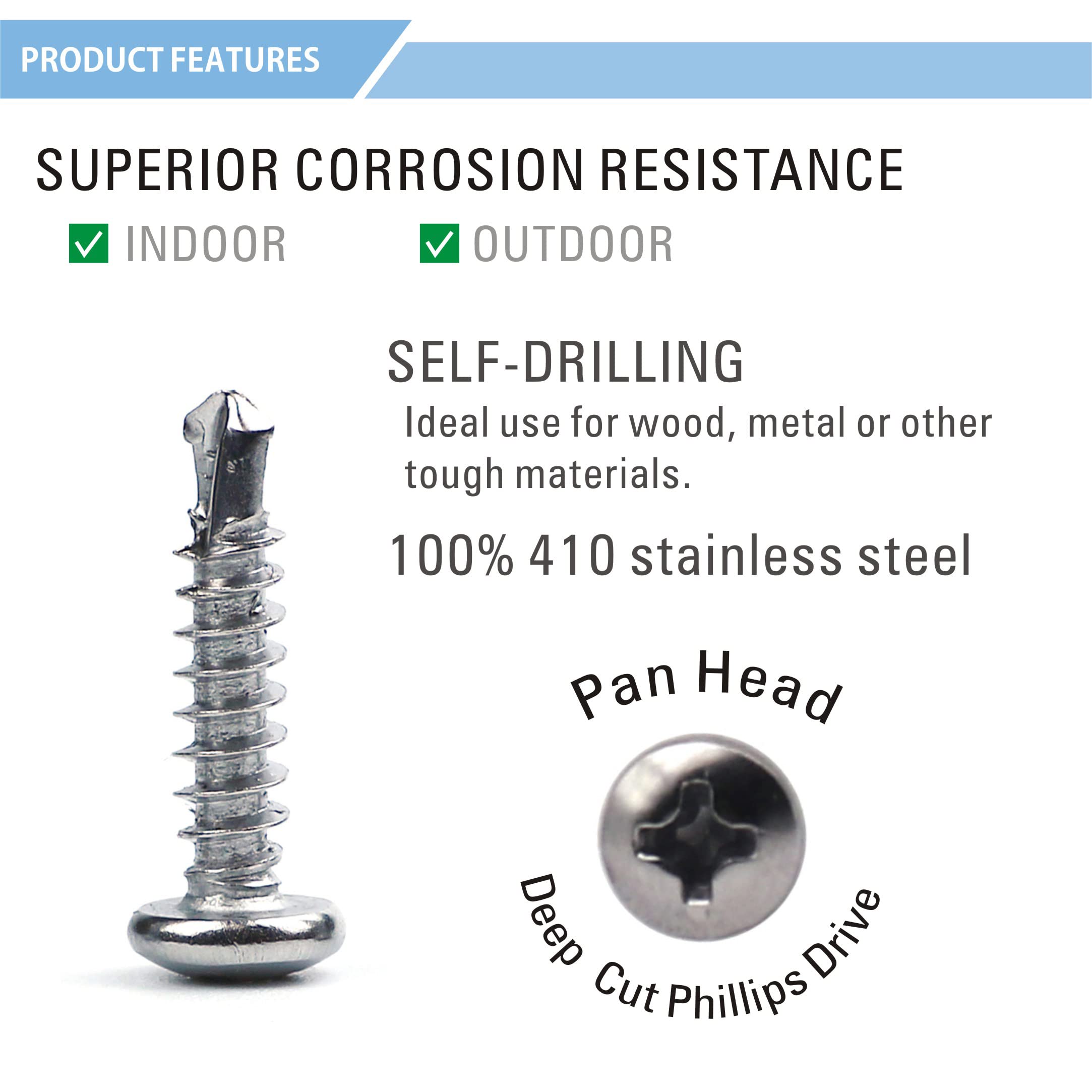 Jetovo 150 Pack 410 Stainless Steel Pan Head Phillips Self Drilling Screws Sheet Metal Tek Screws Assortment Kit - Size: #8 x 1/2" #8 x 3/4" #8 x 1"