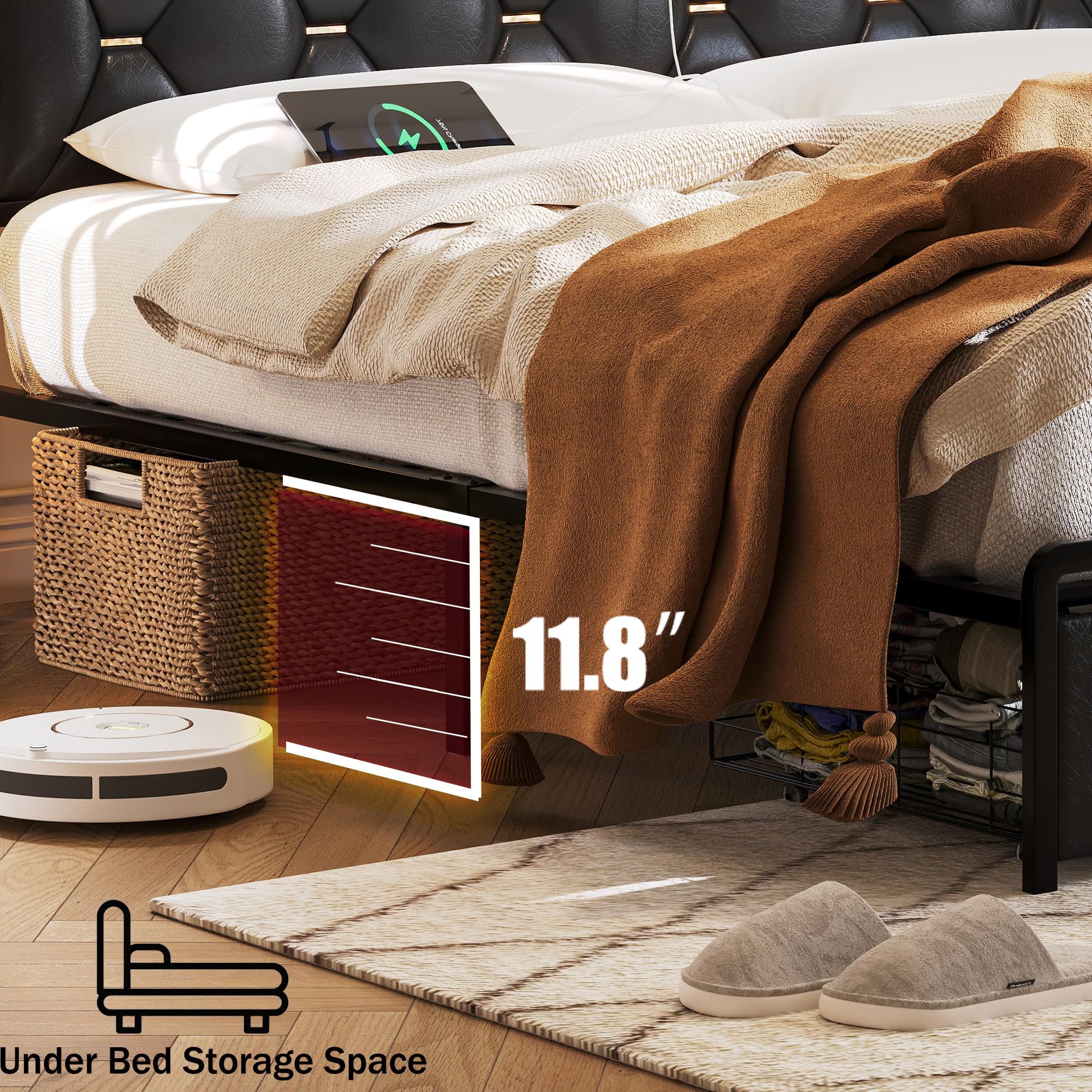 Ailisite Led Queen Size Bed Frame with Storage Headboard, Upholstered Bed Frame with TypC & TypA Charging Station, Black Queen Size Bed Frames with Storage Drawers, No Box Spring Needed,Easy Assembly