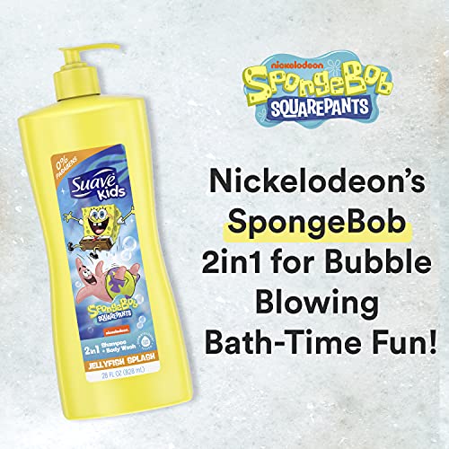 Suave Kids 3 in1 Shampoo & Body Wash for Kids Nickelodeon Spongebob Dermatologist-Tested and Tear-free, Strawberry, Yellow, 28 Fl Oz