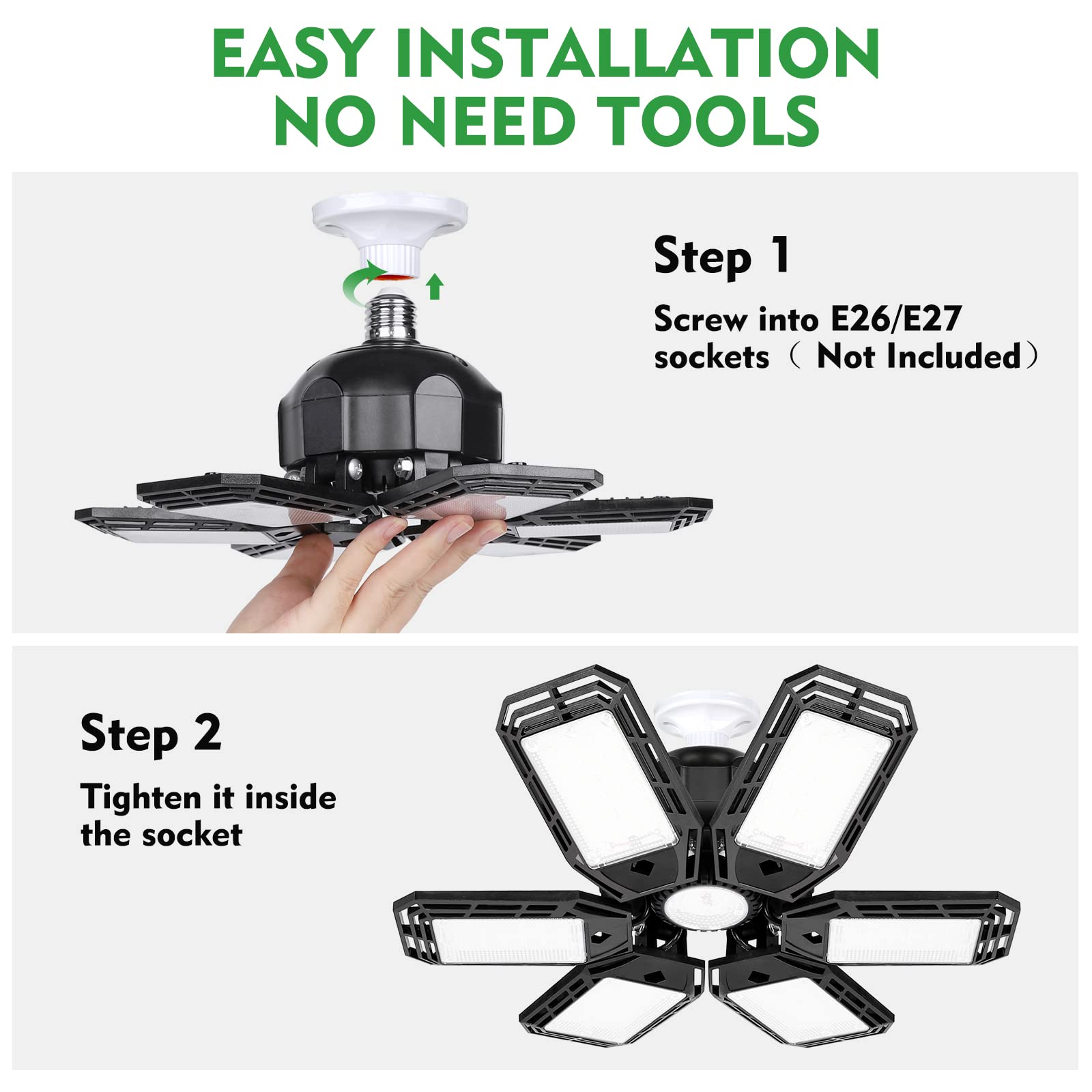 AILUKI LED Garage Light 2 Pack 160W E26 1600LM Deformable Led Garage Ceiling Lights 6500K Daylight White with 6 Adjustable Panels for Garage, Barn, Workshop,Warehouse