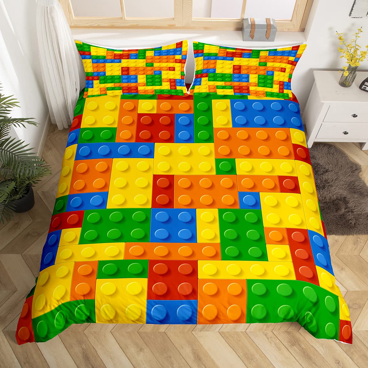 Feelyou Games Duvet Cover Full Size Building Blocks Bedding Set for Kids Boys Girls Colorful Geometric Toy Brick Comforter Cover Set Toddler Gaming Bedroom Nursery Bedspread Cover with 2 Pillowcases