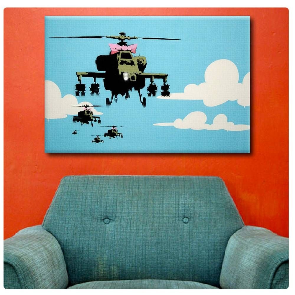 Alonline Art - Helicopter Apache by Banksy | framed stretched canvas (Synthetic) on a ready to hang frame - gallery wrapped | 30"x20" - 76x51cm | Wall art home decor for nursery picture HD artwork