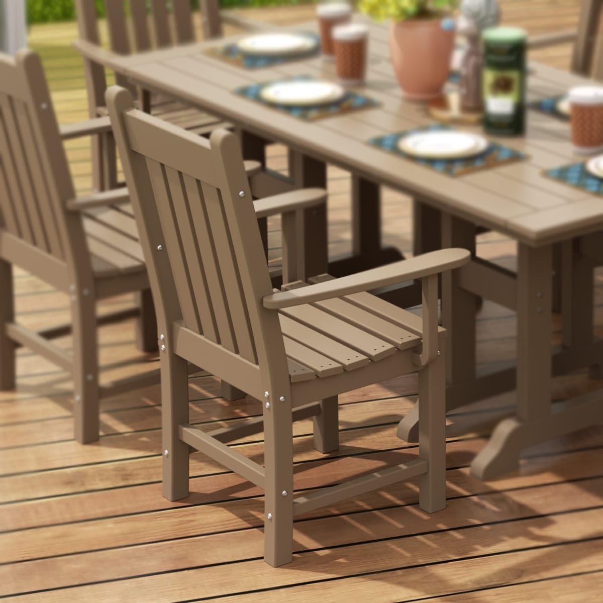 WestinTrends Malibu Classic Outdoor Dining Chairs with Arms, All Weather Poly Lumber Adirondack Patio Chairs Restaurant Bistro Chairs Support 350 LBS, Arched Backrest and Curved Seat, Weathered Wood