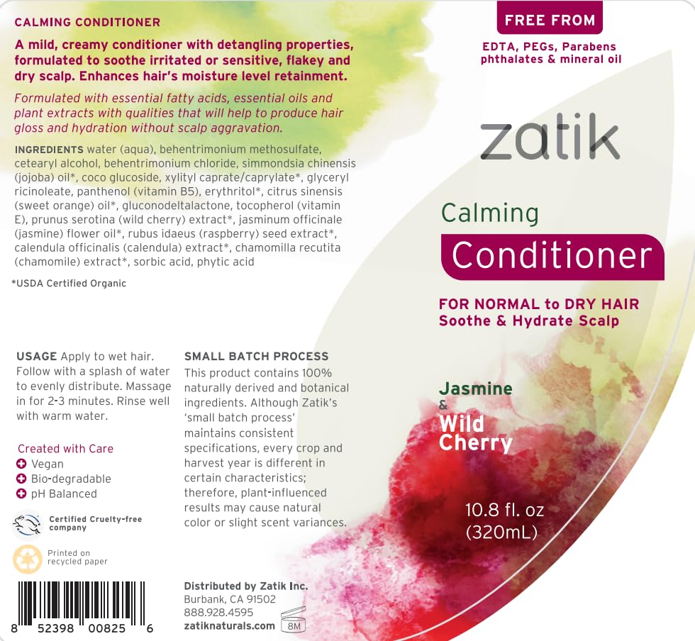 Zatik Naturals - Calming Conditioner with Jasmine and Wild Cherry for Dandruff - Vegan Biodegradable, pH Balanced, FREE FROM EDTA, PEG, Parabens, fragrances, phthalates & mineral oil, 10.8 oz.