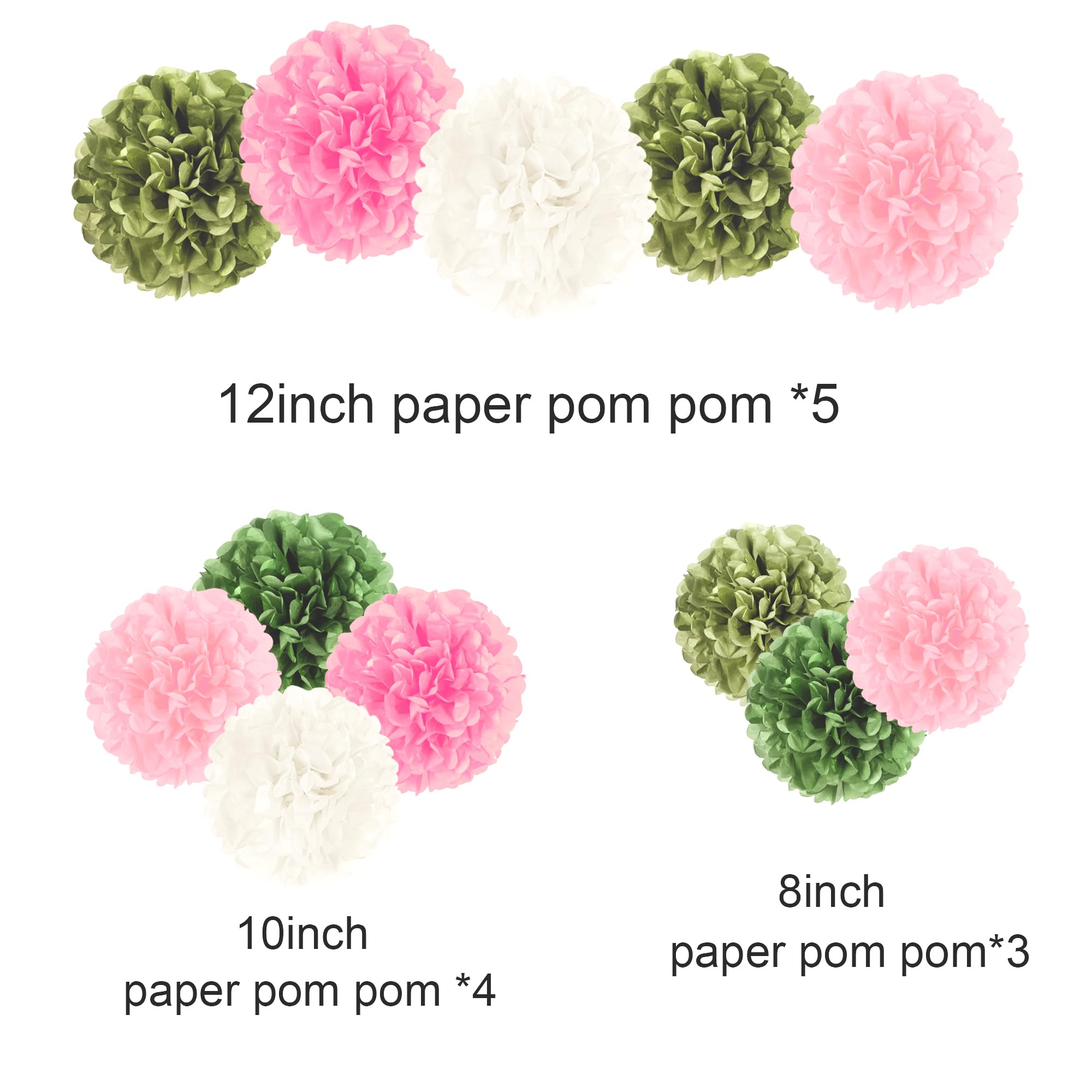 MEIYKO Baby Shower Decorations, 12PCS Sage Green Pink White Tissue Paper Pom Poms for Boho Bridal Shower Birthday Wedding Shower Engagement Party Decorations