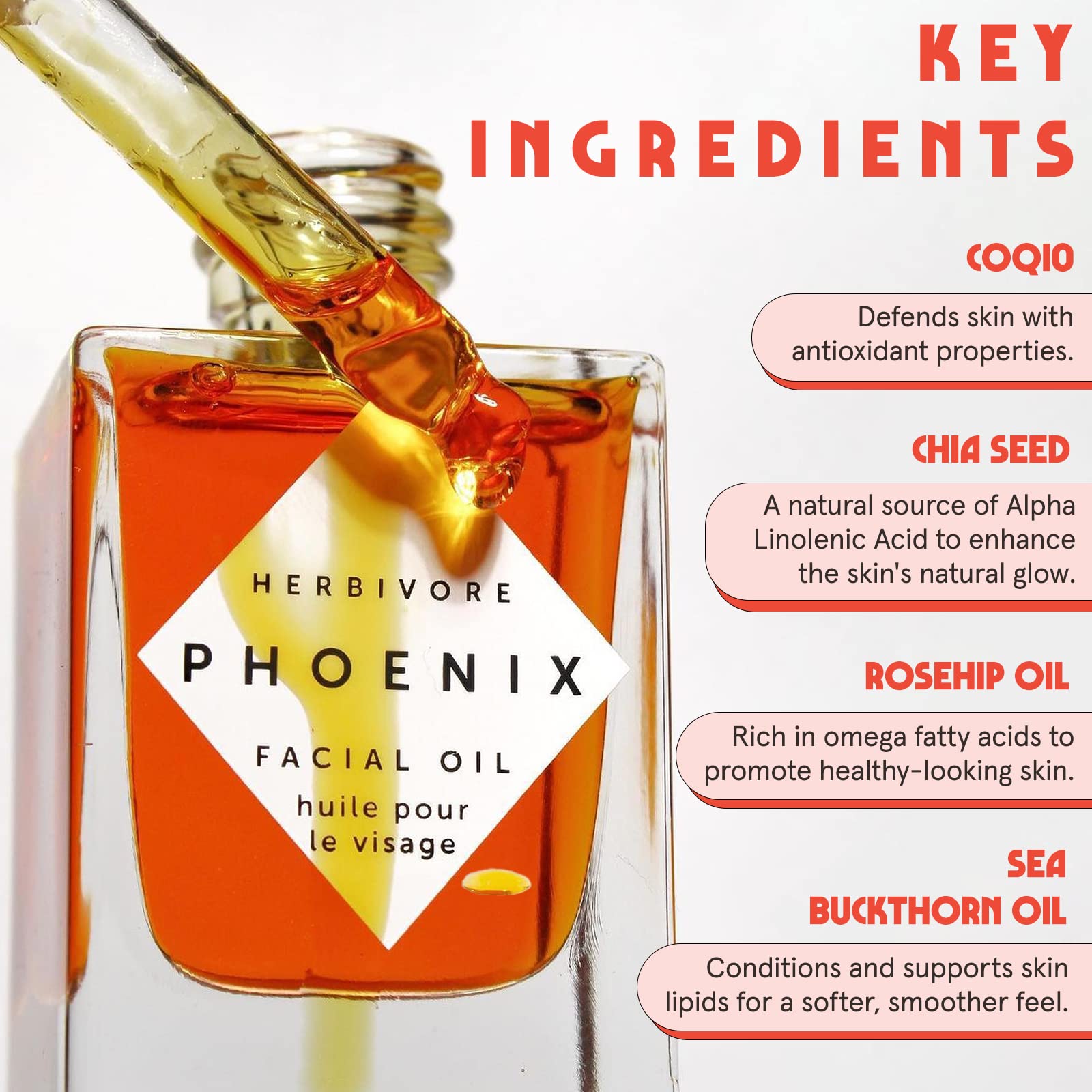 HERBIVORE Phoenix Rosehip Anti Aging Face Oil – Moisturizing Oils with CoQ10, Concentrated Antioxidants & Vitamin E, Replenish & Renew Dry Skin, Vegan, 0.3 oz
